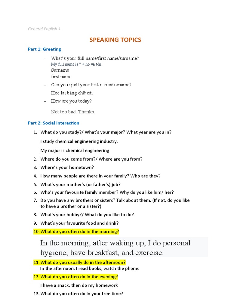 Speaking Topics | PDF | Meal | Eating Behaviors Of Humans