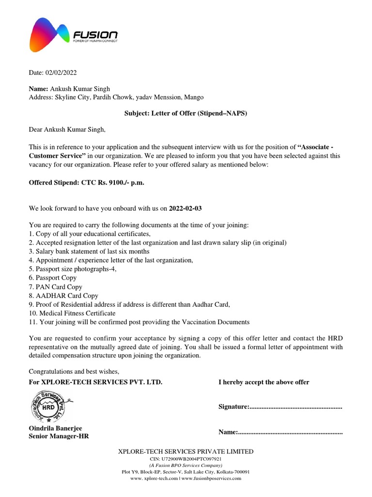 Ankush Kumar - Singh - Offer - Letter51630 | PDF Ankush Kumar - Singh - Offer - Letter51630 | PDF