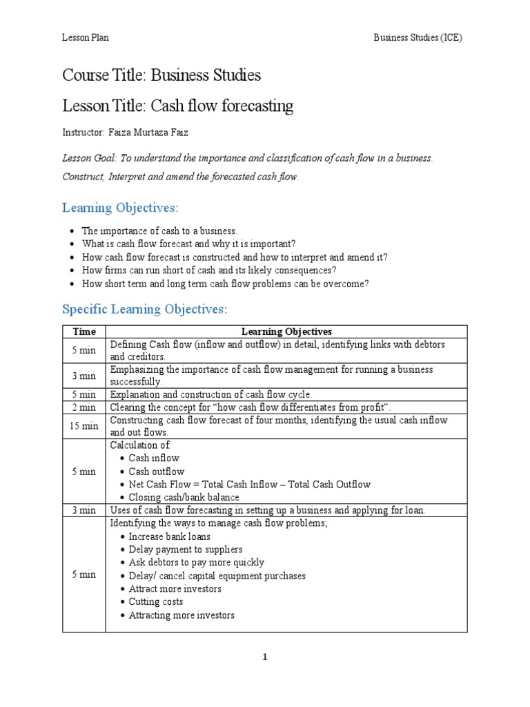 Lesson Plan ICE Cash Flow Forecasting, Faiza Murtaza Faiz | PDF | Cash ...