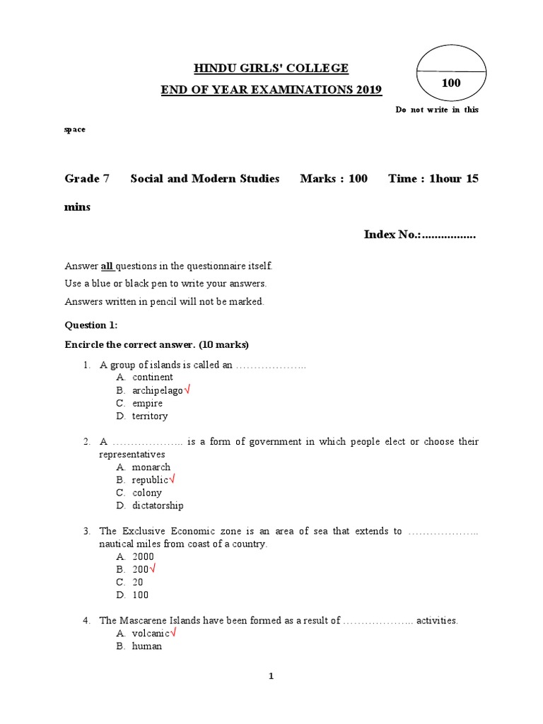 Grade 7 2019 Marking Scheme | PDF | Mauritius | Earth Sciences
