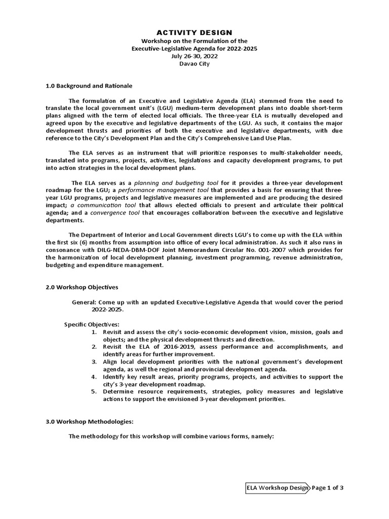 Executive Legislative Agenda Workshop Design | PDF