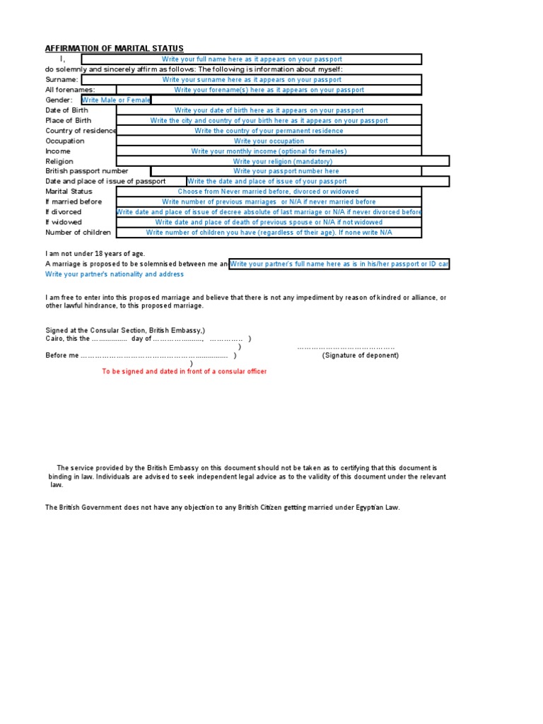 Marital Status Affirmation Form | PDF | Marriage | Passport