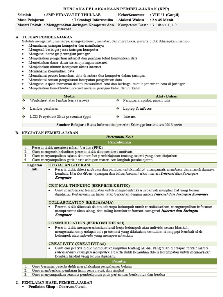 RPP 1 Lembar TIK Kls 8 SM 1 | PDF
