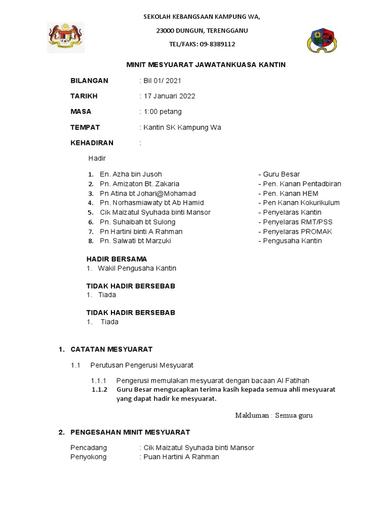 Minit Mesyuarat Kantin 2021 | PDF