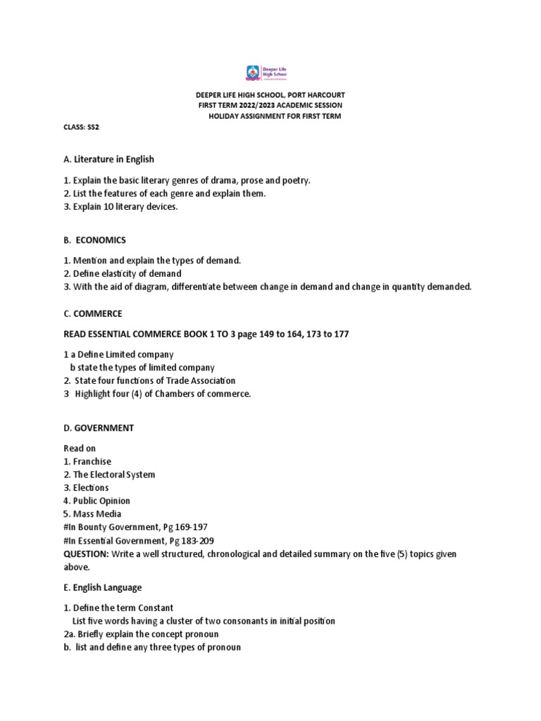 SS2 First Term Holiday Assignment | PDF | English Language | Genre