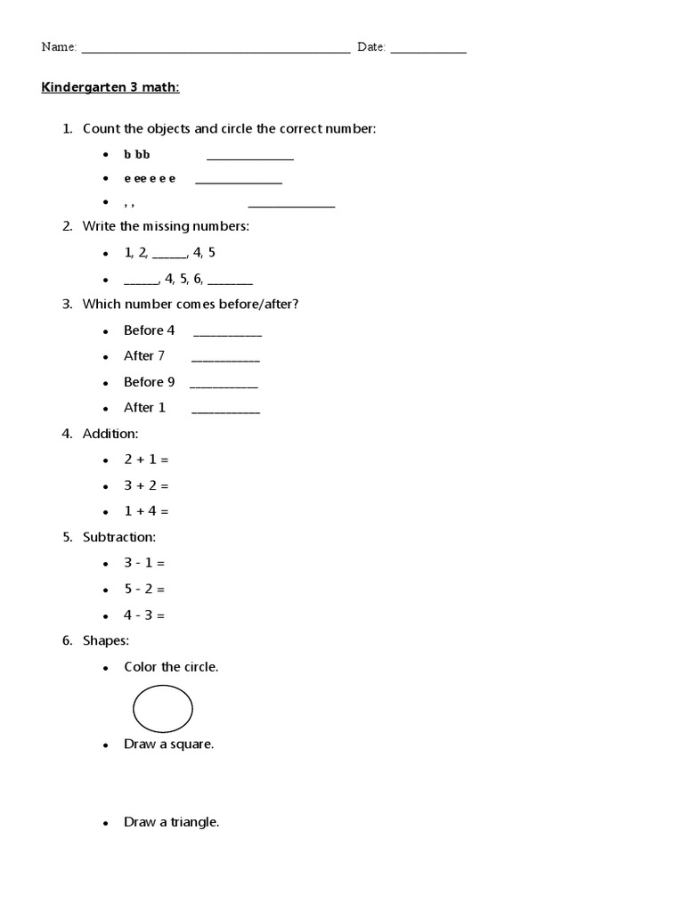 K3 Maths Worksheet | PDF
