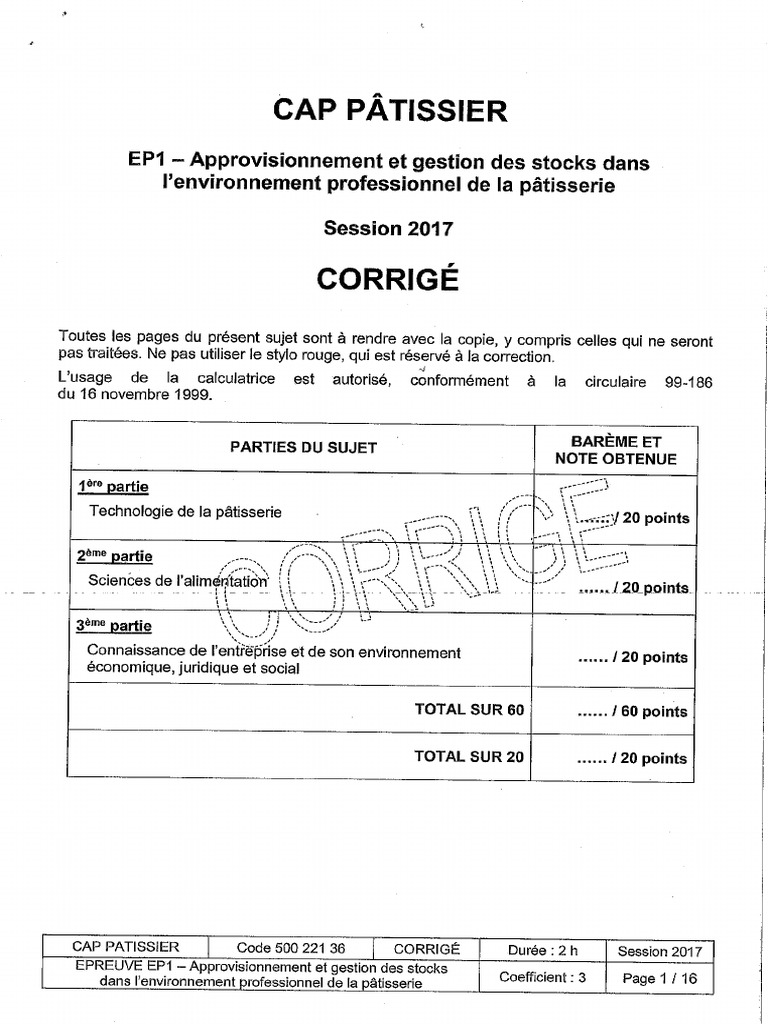 CORRIGE CAP PATISSIER EP1 Approvisionnement Et Gestion de Stocks Code 500 221 36 | PDF
