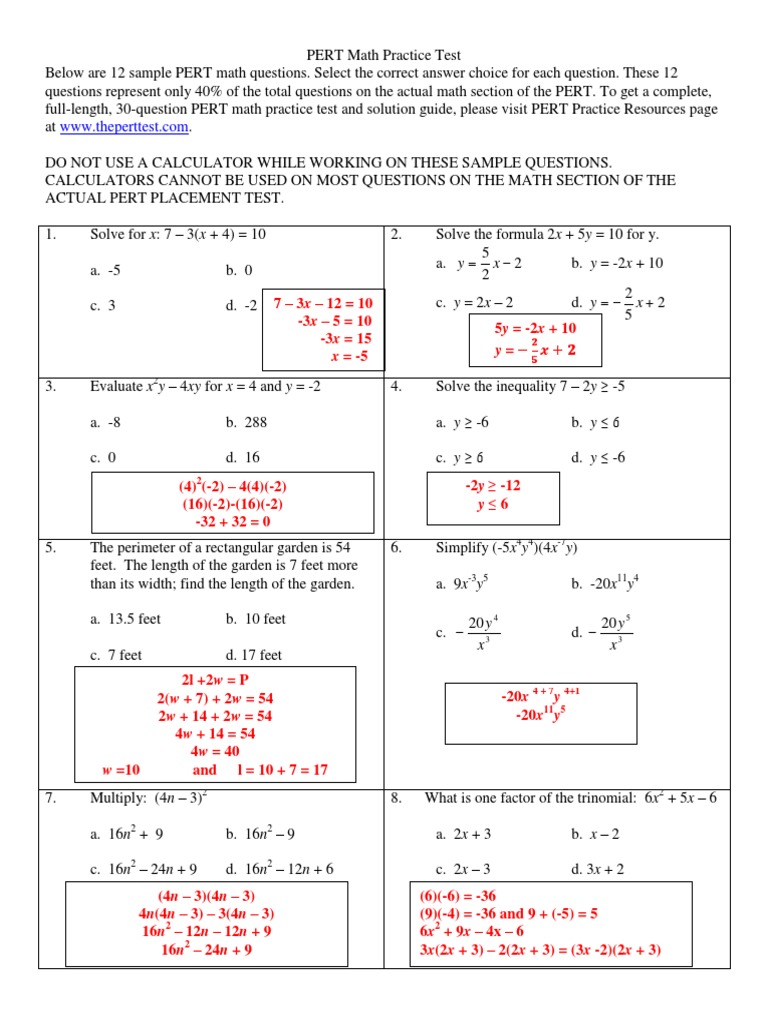 PERT Math Practice Test Atlantic SOLUTIONS | Download Free PDF ...
