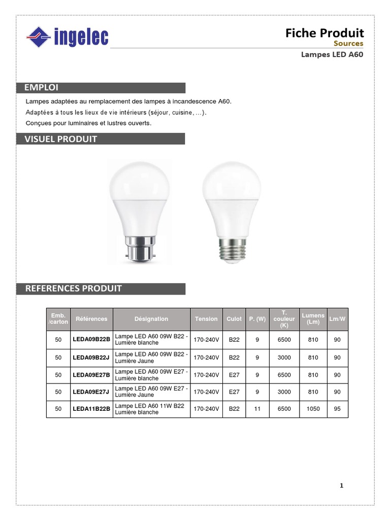 FP - Ingelec - Sources - Led - A60 SMD 09W & 11W & 13W & 15W - 0 | PDF ...