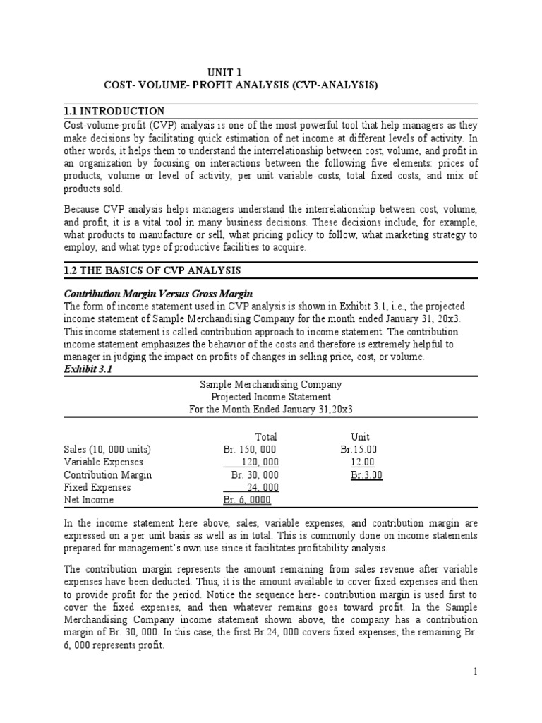 Unit 1 Cost-Volume - Profit Analysis (Cvp-Analysis) : Contribution ...