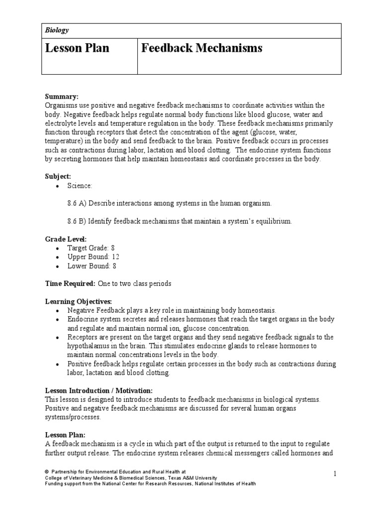 DLC911 - Feedback Mechanism Lesson Plan | PDF | Hormone | Endocrine System