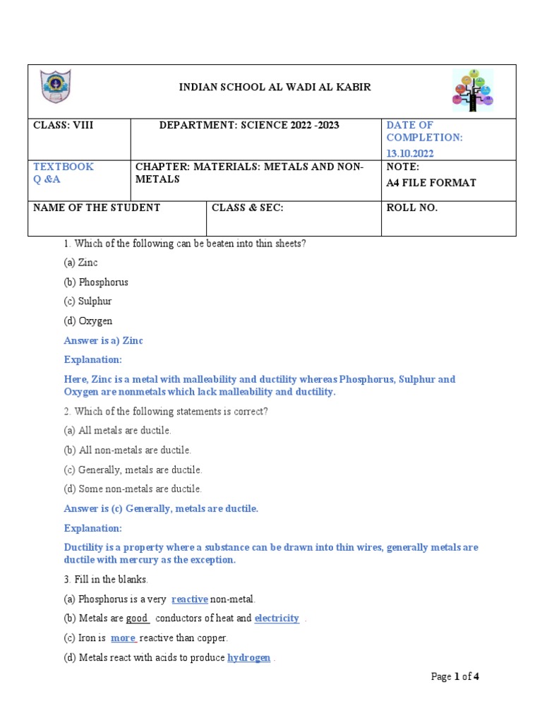 Class 8 - Science - Materials Metals and Non-Metals - Textbook Q & A ...