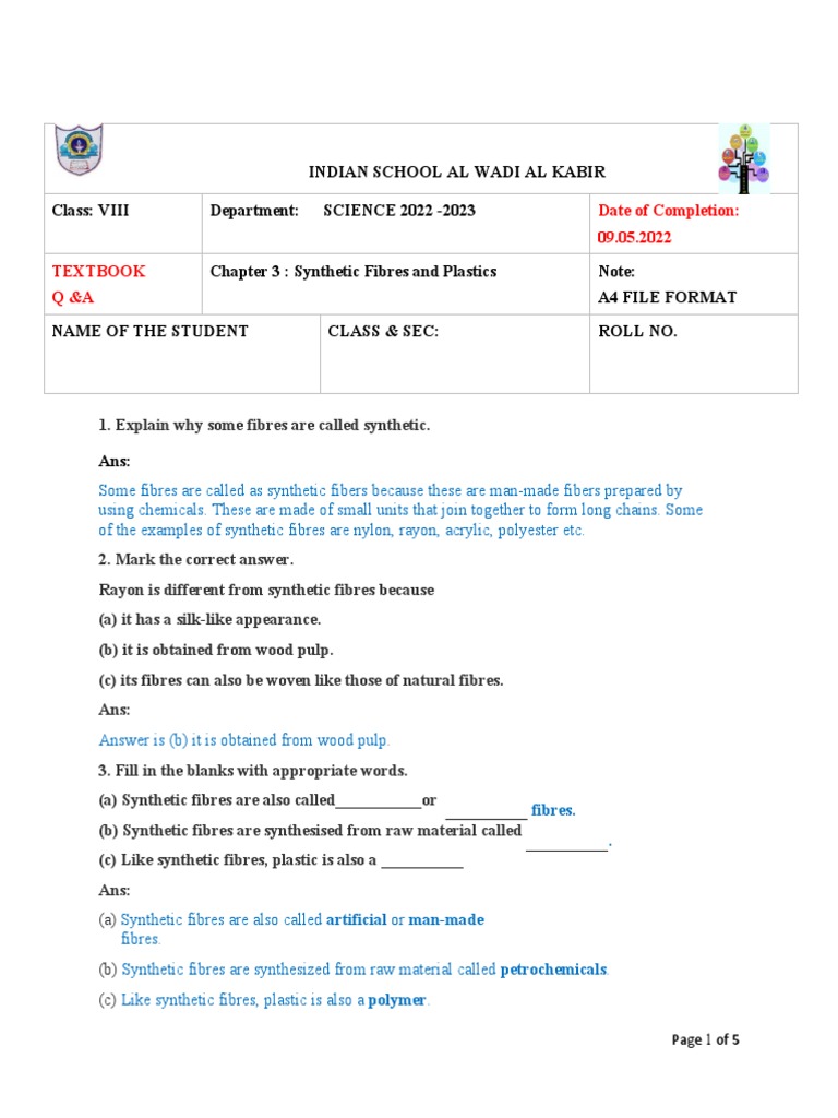 Synthetic Fibres and Plastics for Class 8 | PDF | Fibers | Synthetic Fiber