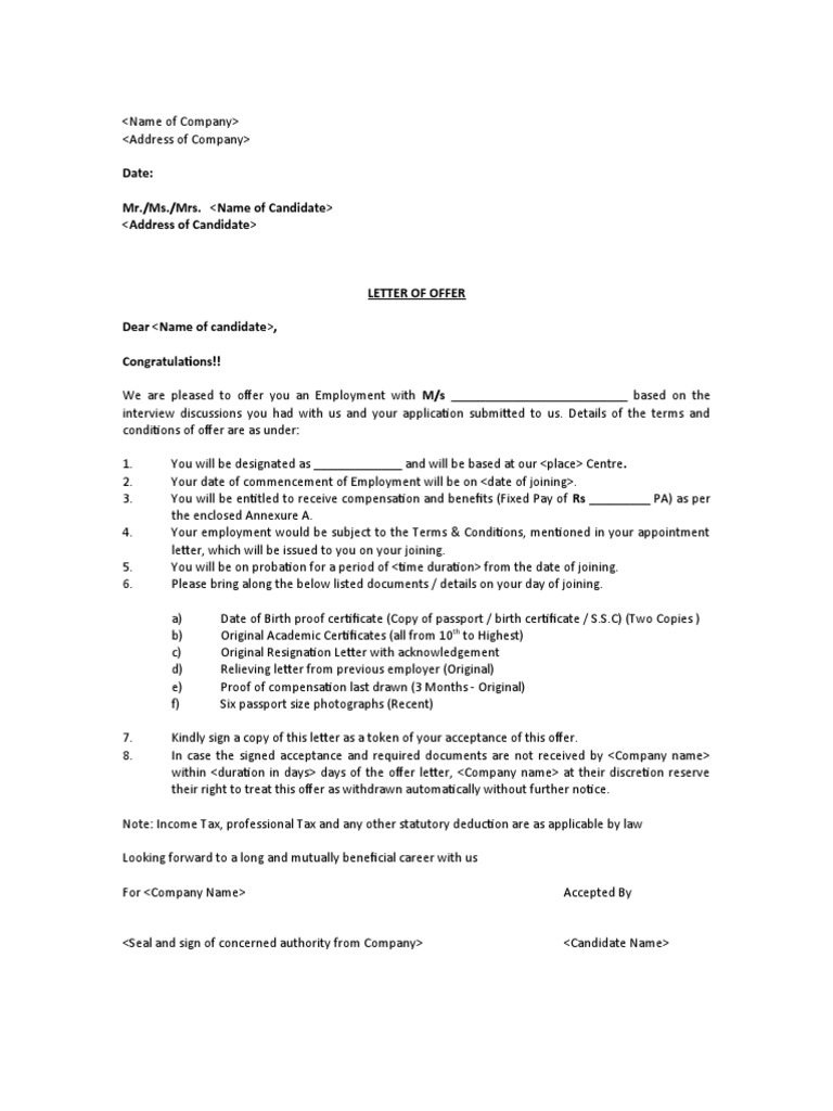 Template of Offer Letter | PDF | Salary | Employment