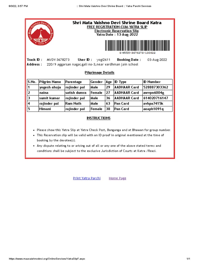 Shri Mata Vaishno Devi Shrine Board - Yatra Parchi Services | PDF