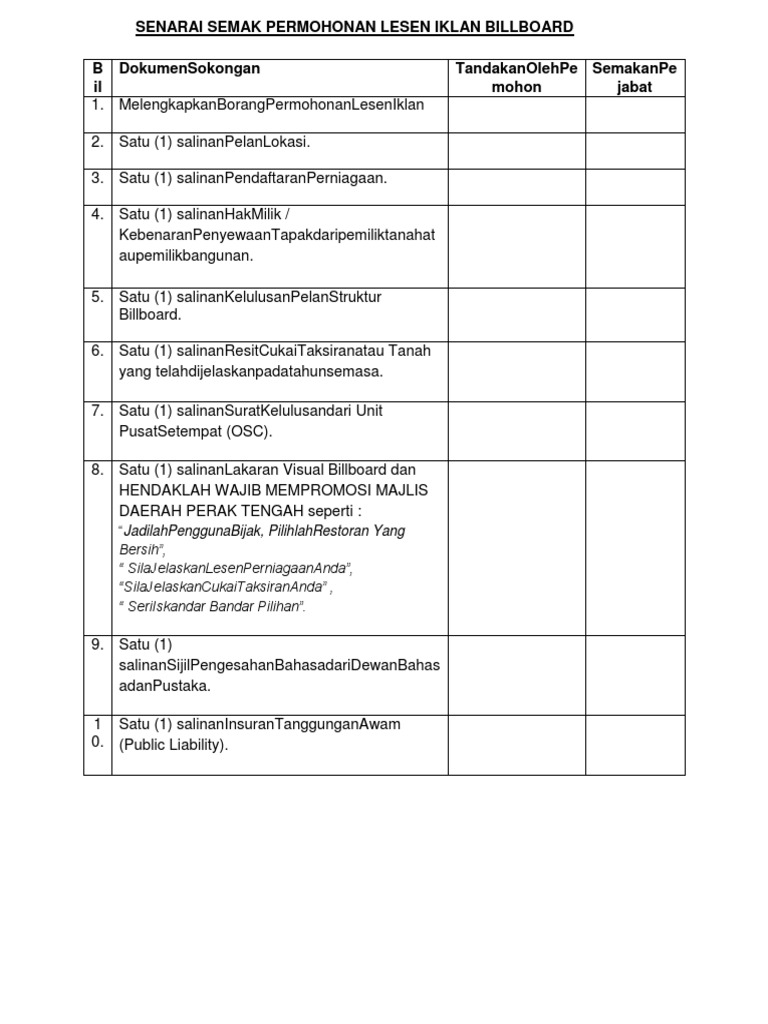 Senarai Semak Permohonan Lesen Iklan Billboard | PDF