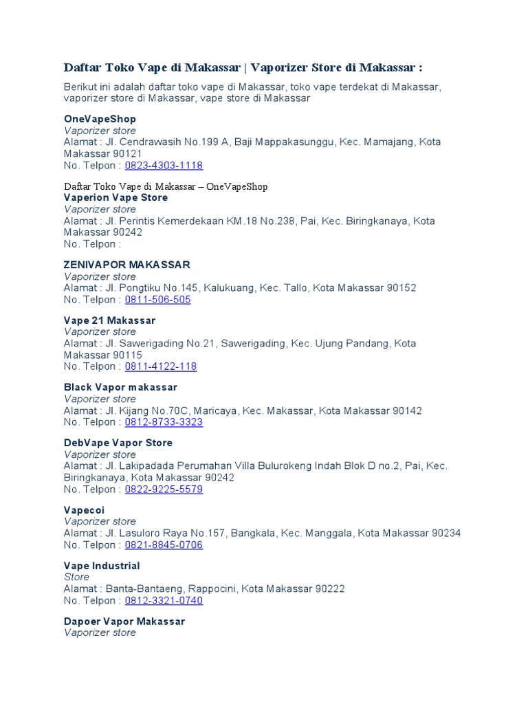 Aftar Toko Vape Di Makassar | PDF