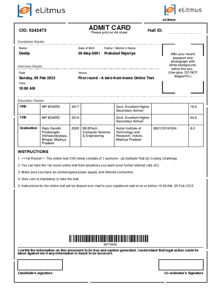 eLitmus Online Test Admit Card | PDF