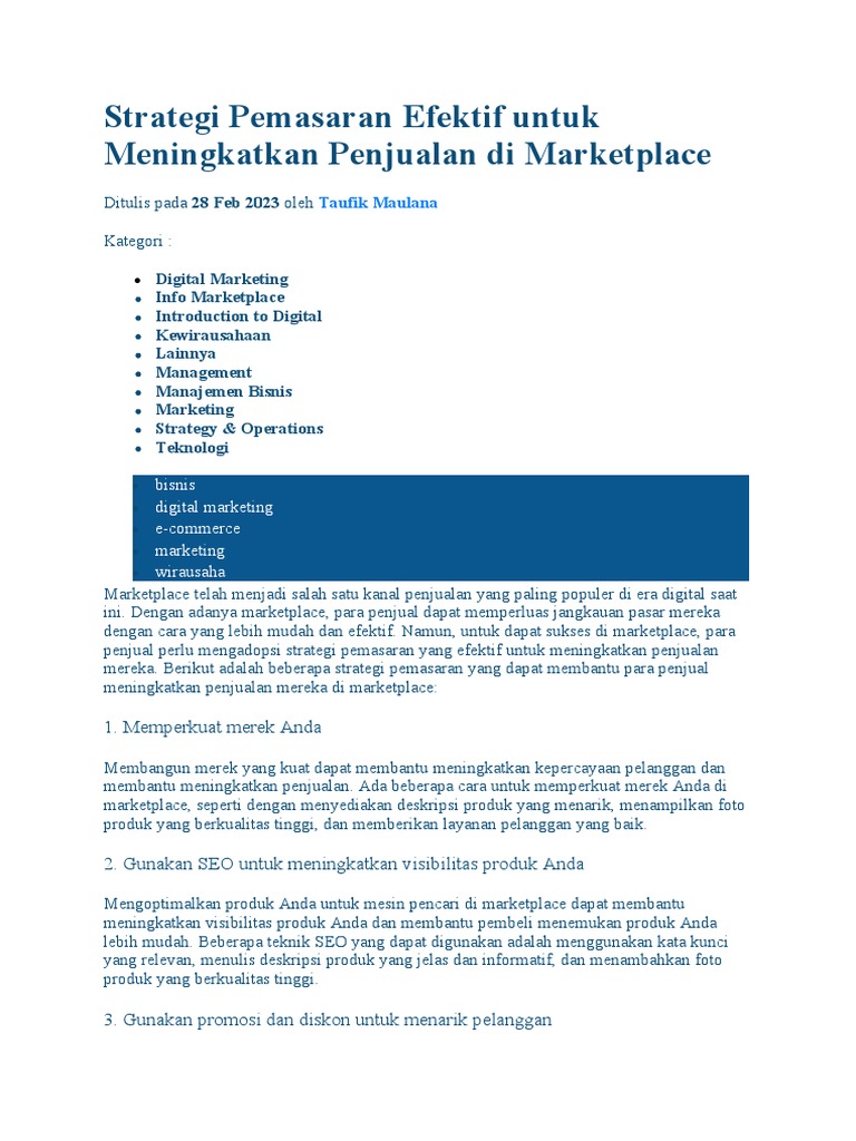 Strategi Pemasaran Efektif Untuk Meningkatkan Penjualan Di Marketplace ...