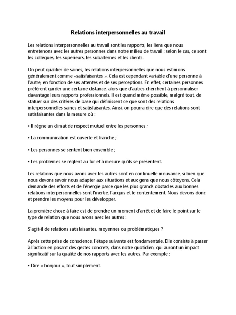 Relation Interpersonnelle Au Travail | PDF | la communication | Psychologie