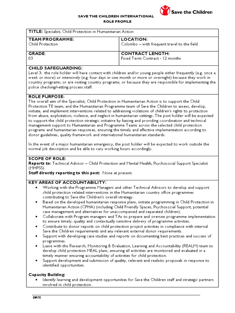 JD - Specialist Child Protection in Humanitarian Action | PDF | Child Protection | Experience