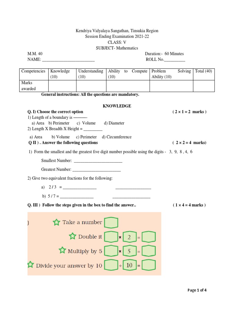 Class V-Maths-SP-Question Paper - SET 1 | PDF | Area | Elementary ...