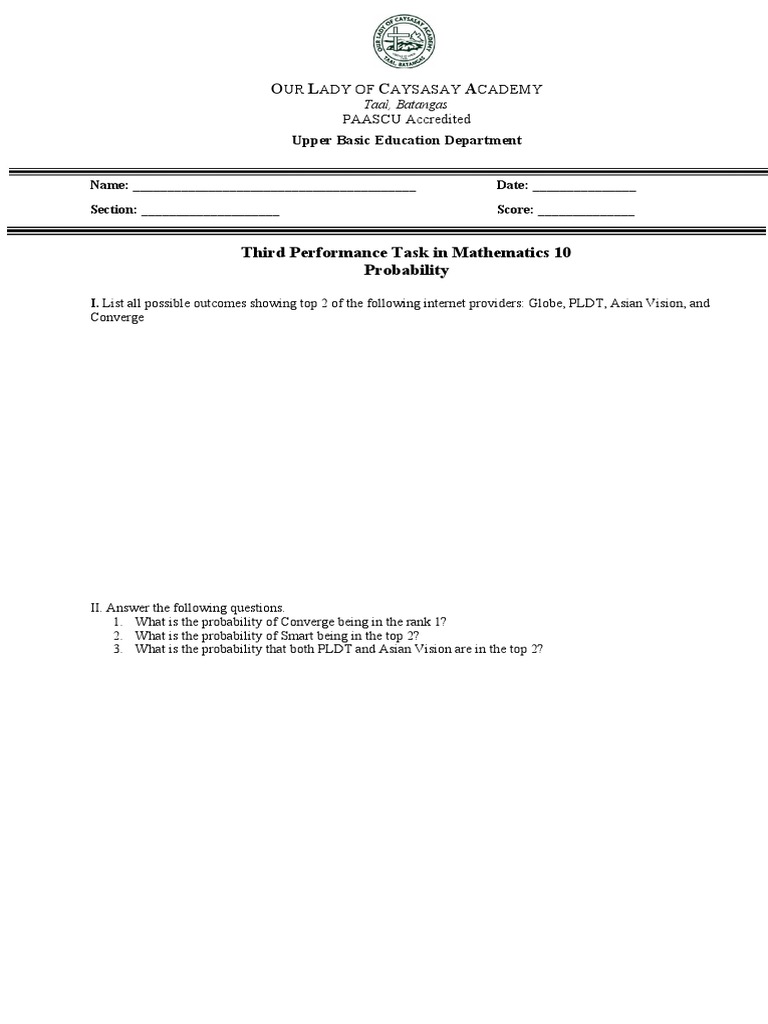 Math 10 Probability Task - Caysasay Academy | PDF | Career & Growth ...