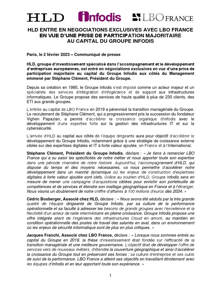 CP - HLD Entre en Négociations Exclusives Avec LBO France en Vue D'une Prise de Participation ...