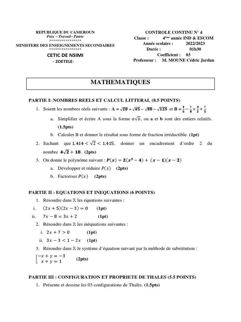 Contrôle de maths 4ème : Équations et Thalès | PDF | Nombre réel | Nombre