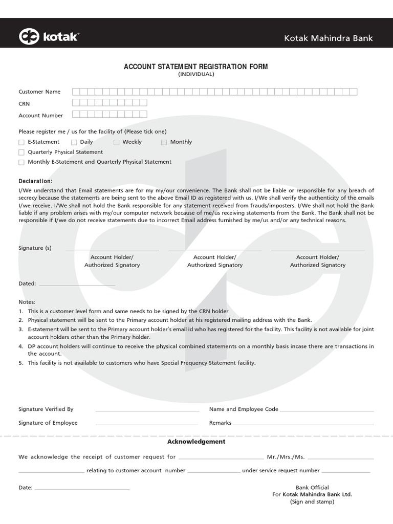 Kotak Account Statement Registration Form | PDF | Signature ...