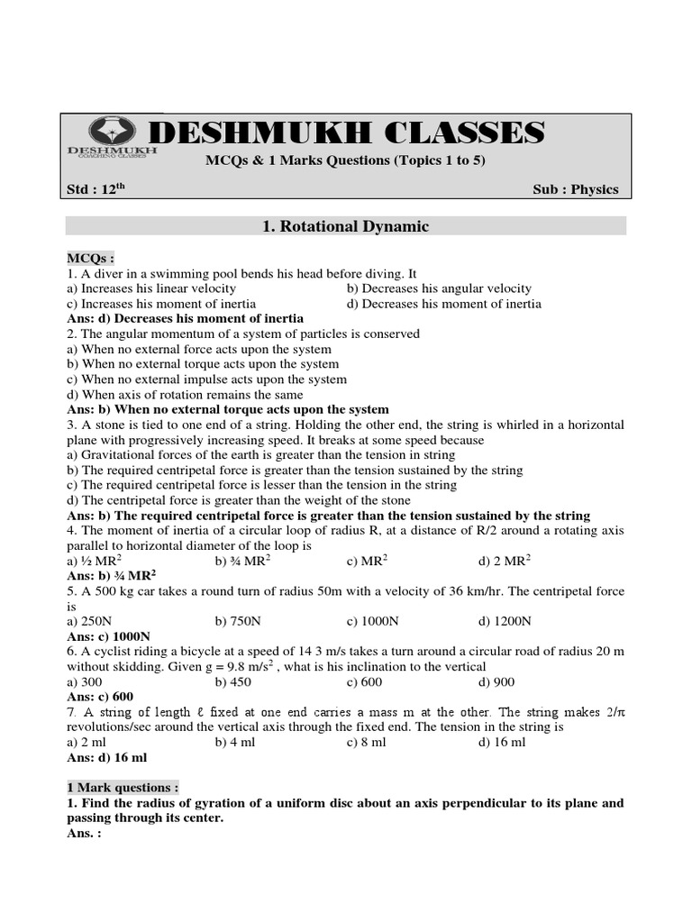 12th Physics (MCQS, 1 Mark Question) | PDF | Heat | Diffraction