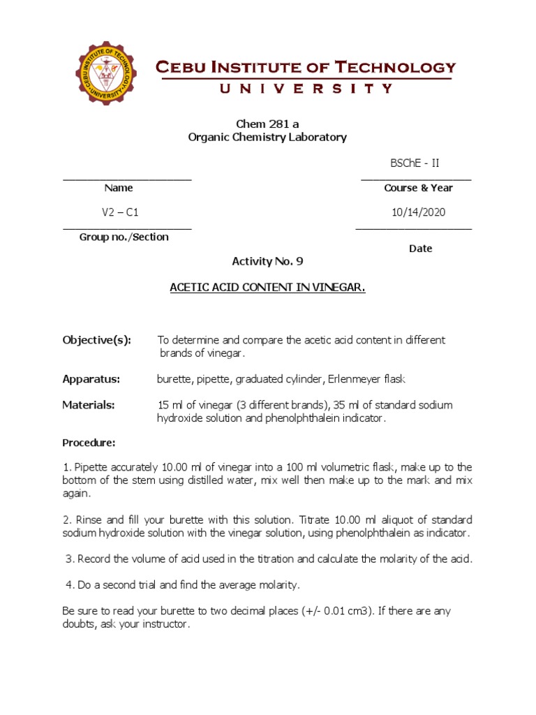 Acetic Acid On Vinegar | PDF | Titration | Chemistry