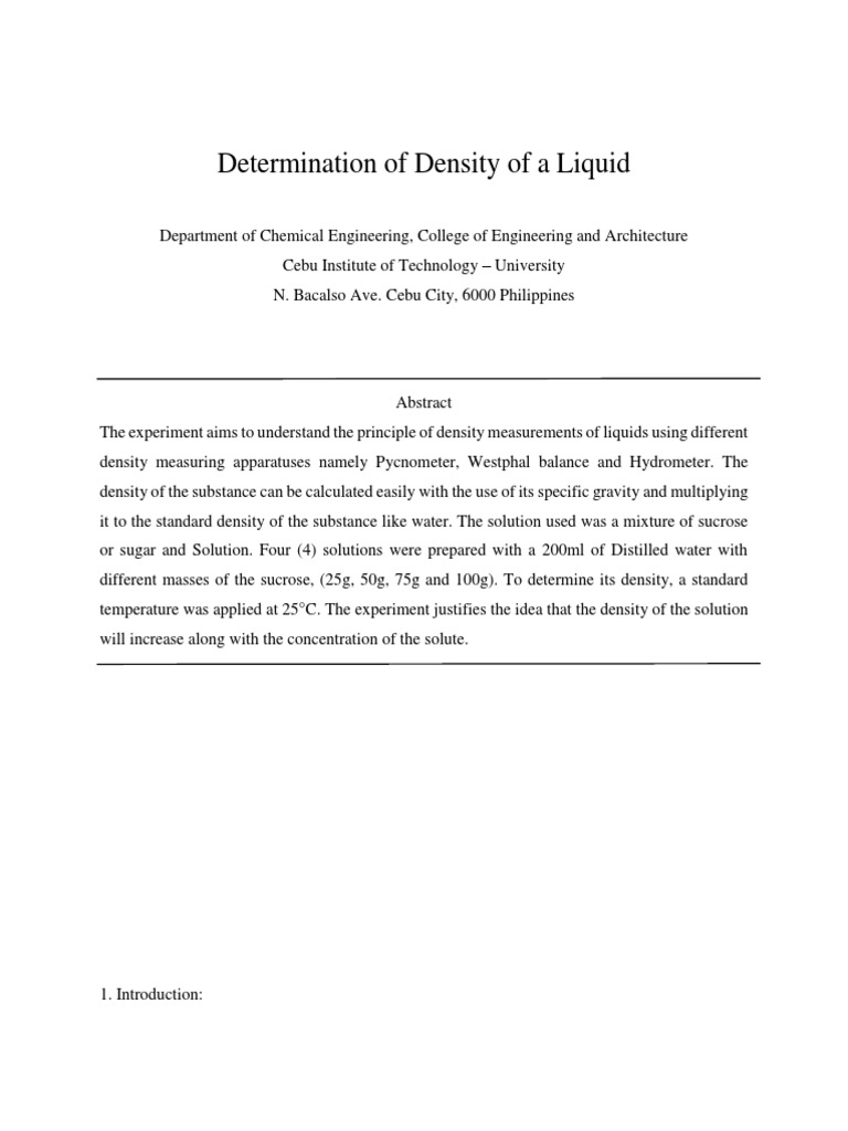 Determination of Density of A Liquid | Download Free PDF | Density | Physical Sciences