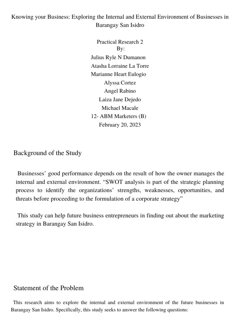 Business Environment in Barangay San Isidro | PDF | Swot Analysis ...