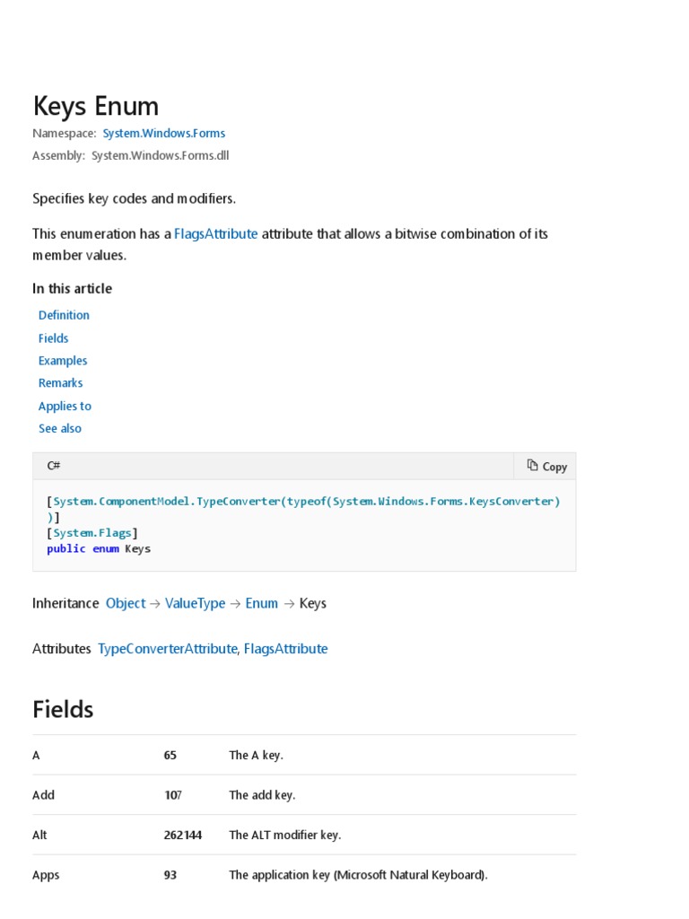 Keys Enum System Windowsforms Microsoft Docs Pdf Writing Implements Personal Computers 