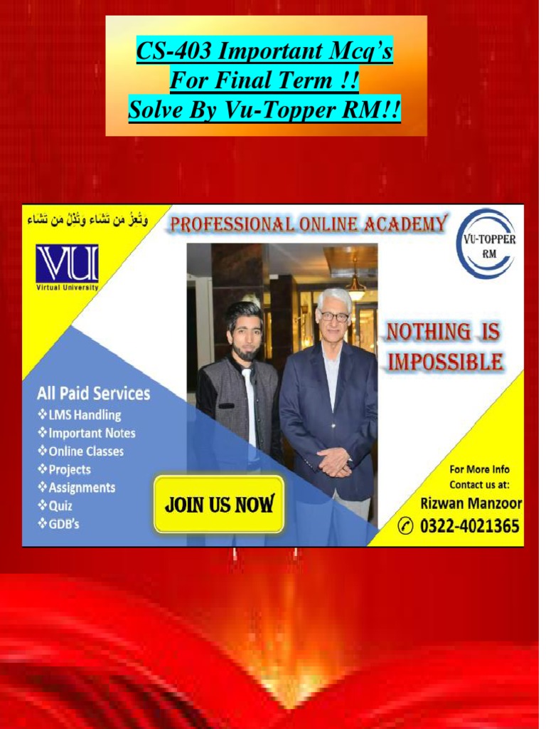 Important Mcq’s For Final Term CS-403 | PDF | Databases | Database Index