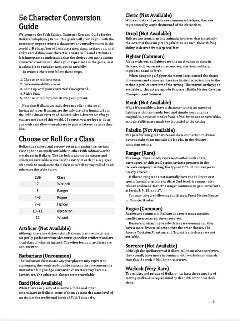 Helkara 5e Character Conversion Guide | PDF | Gary Gygax Games | Fantasy Role Playing Games