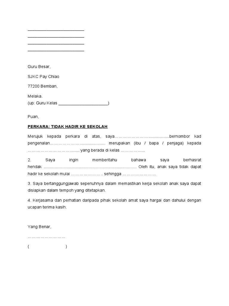 Template Surat Tidak Hadir Ke Sekolah | PDF