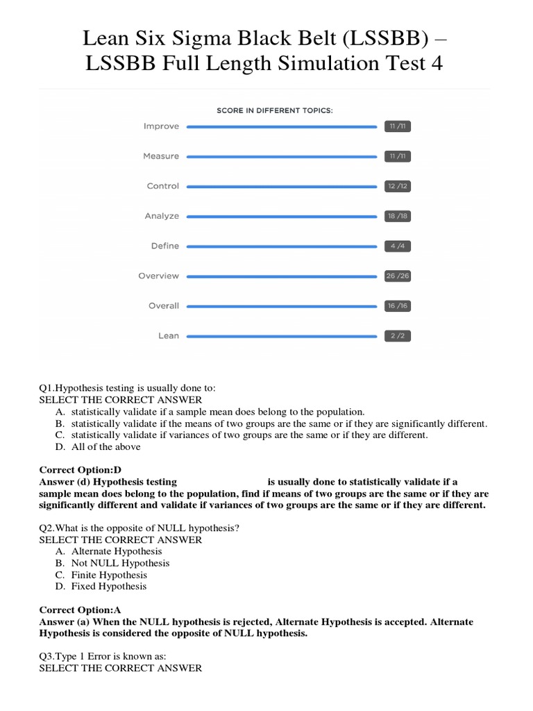LSSBB Full Length Simulation Test | PDF | Six Sigma | Type I And Type ...