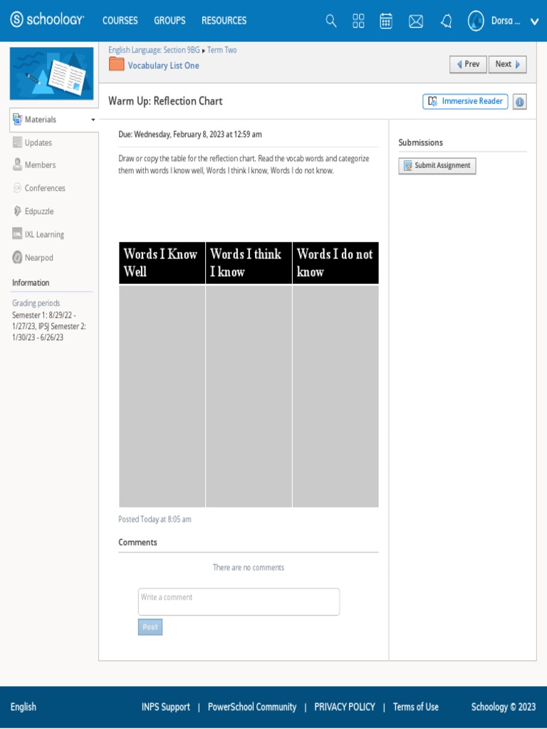 Warm Up Reflection Chart Schoology | PDF