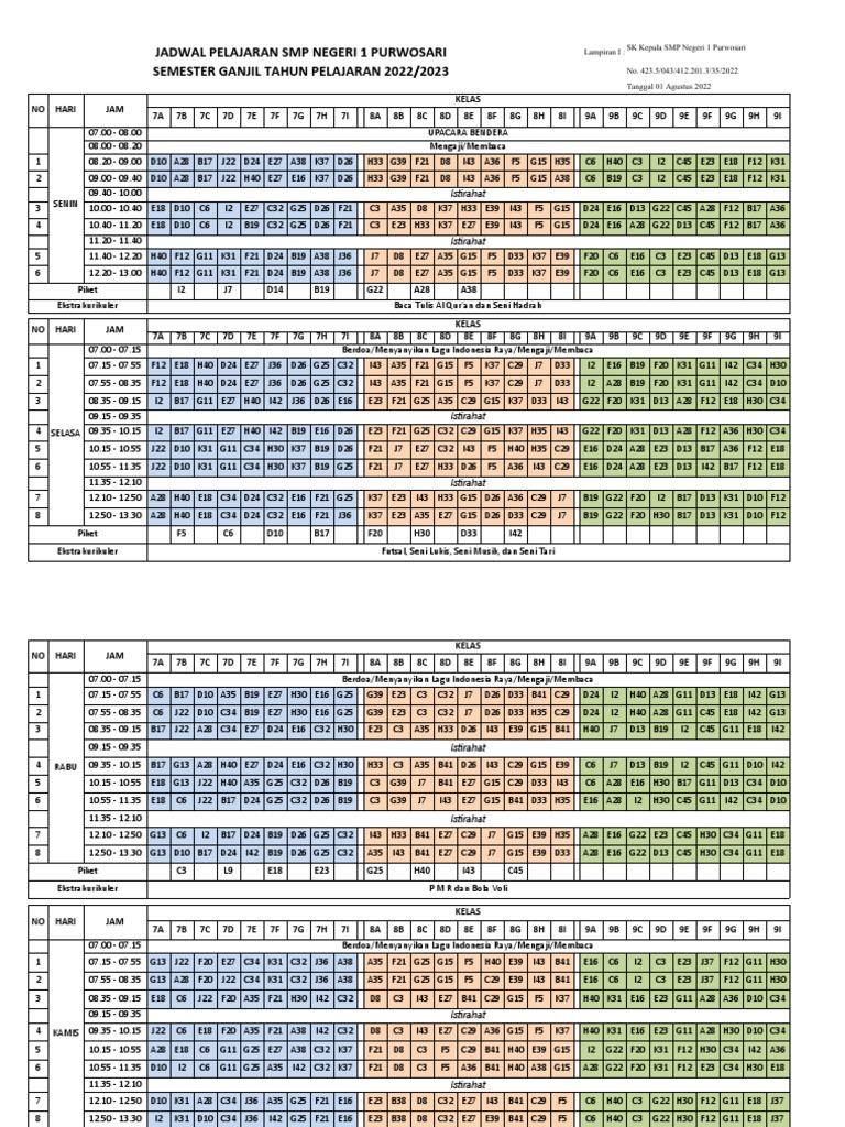 Jadwal Pelajaran Revisi Plus Piket Guru 22 Agustus 2022 | PDF
