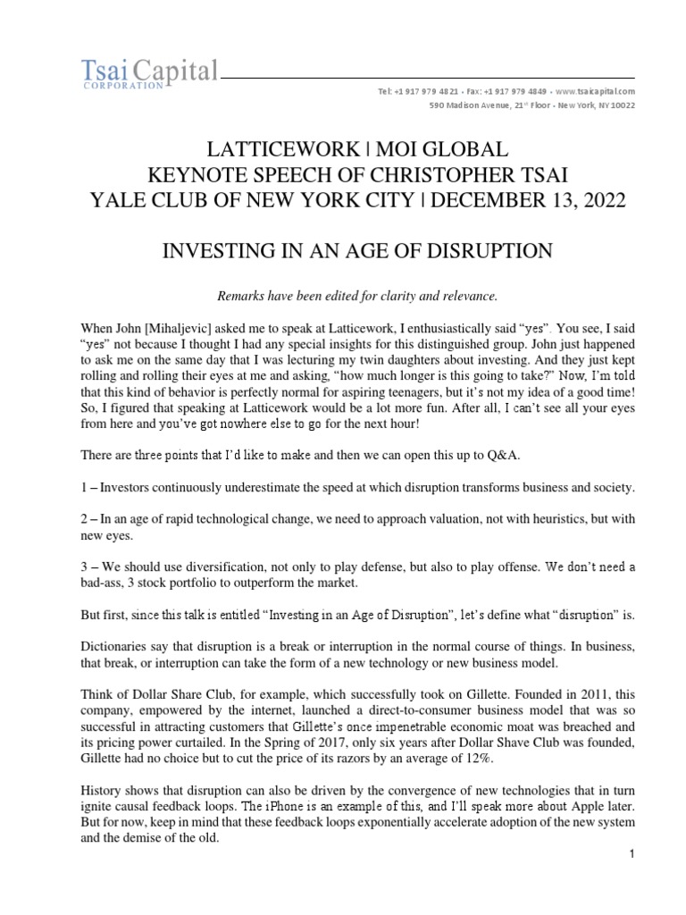 Christopher Tsai - Investing in An Age of Disruption - MOI | PDF ...