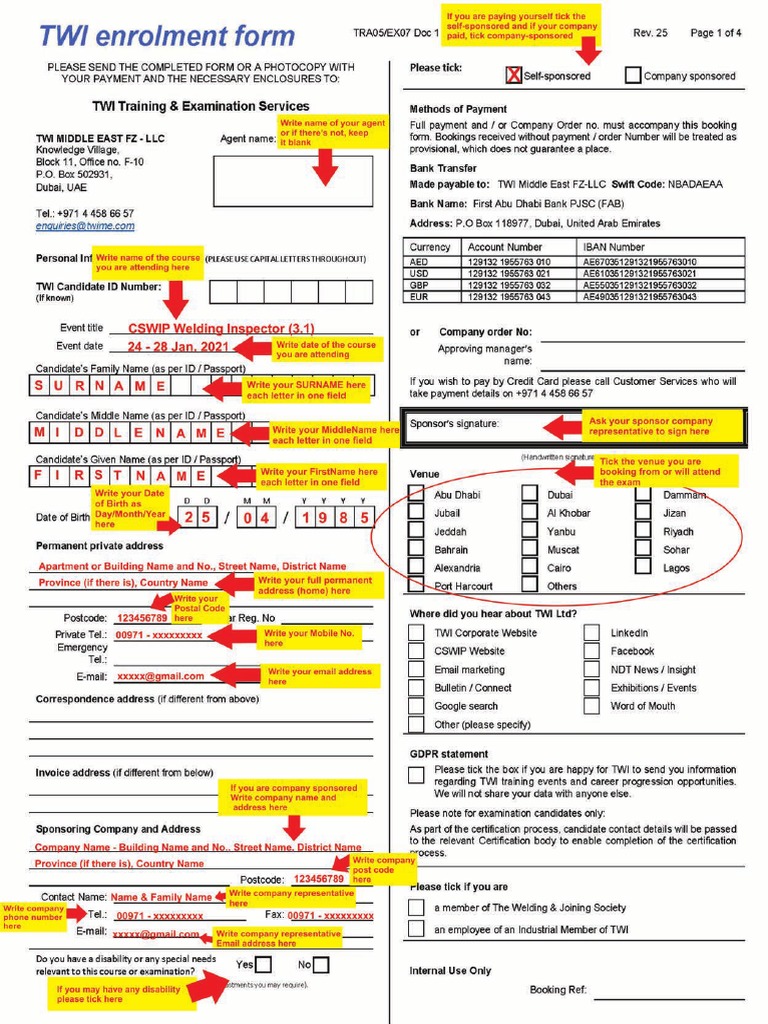 02 TWI Enrolment Form - (Filled Sample For CSWIP 3.1) | PDF