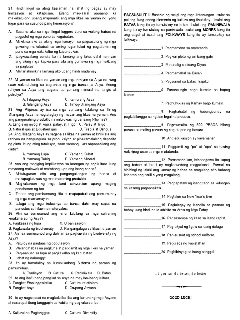 Araling Panlipunan 7 Quarter 1 Exam | PDF