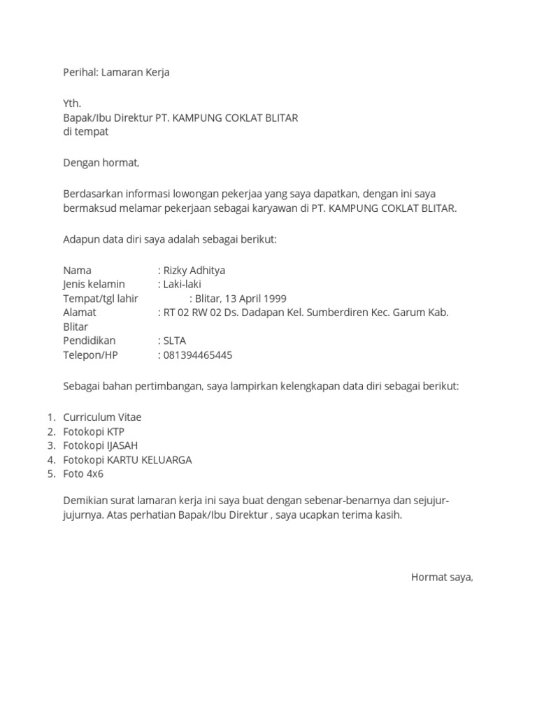 Surat Lamaran Rizky Adhitya | PDF