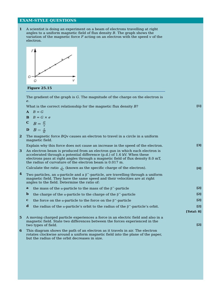Exam-Style Questions: E. B G B G × e | PDF | Electron | Magnetic Field