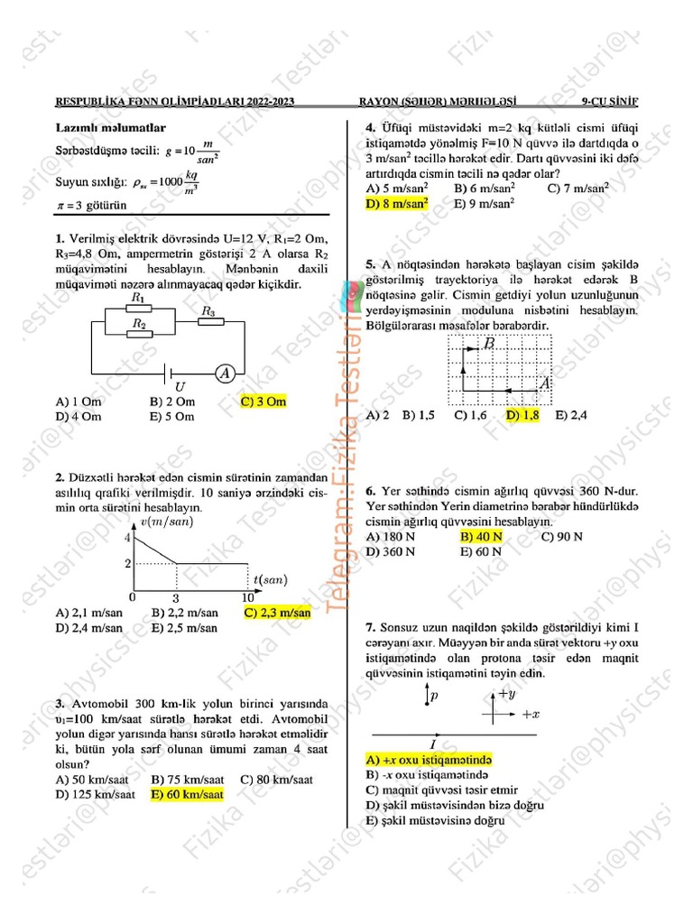 9 Cu Sinif Fizika Olimpiada | PDF