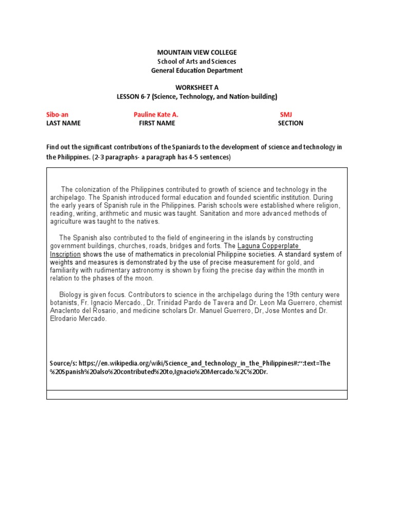 Sibo An - Lesson 6 7 Science Technology and Nation Building Worksheets ...