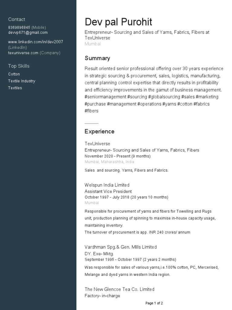Contact and career details for Dev Pal Purohit | PDF | Textiles | Cotton
