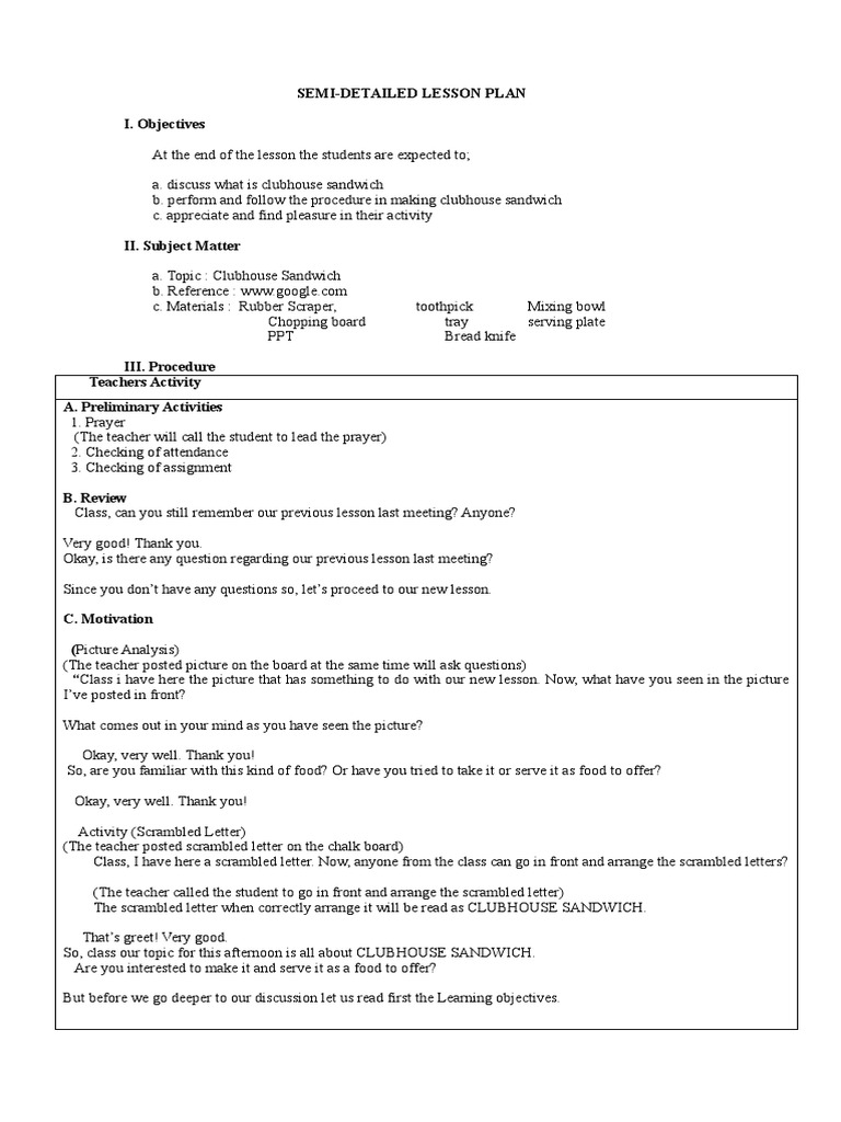 Semi Detailed Lesson Plan | PDF | Sandwich | Mayonnaise